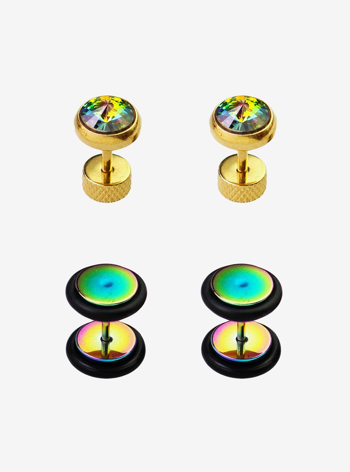 Gold And Anodized Rainbow Bling Faux Plug 4 Pack | Hot Topic