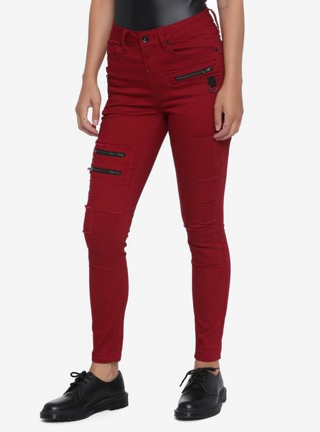HT Denim Red Patches & Zippers Hi-Rise Super Skinny | Hot Topic
