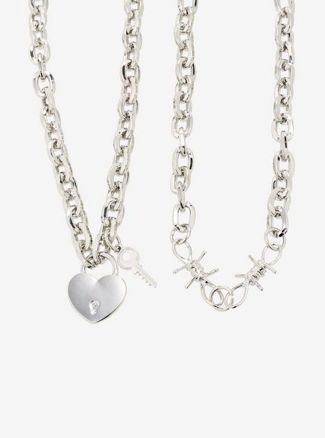 Heart Padlock Barbed Wire Chain Necklace Set | Hot Topic