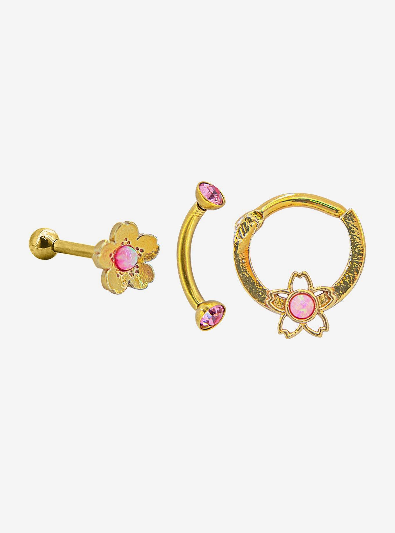 Steel Gold Pink Sakura Labret Stud Curved Barbell & Hinged Hoop 3 Pack ...
