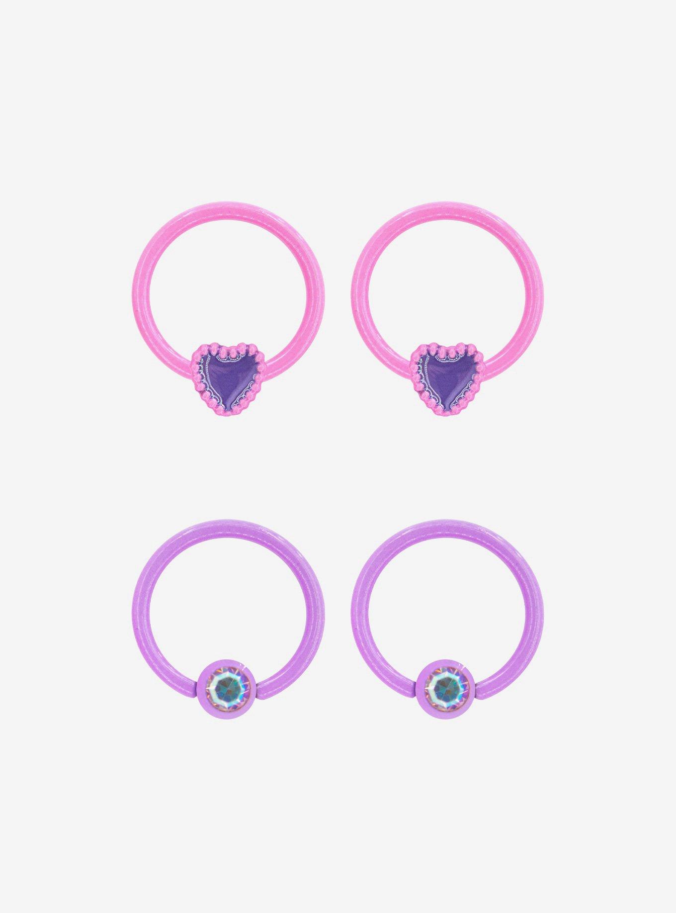 Steel Purple & Pink Heart Captive Hoop 4 Pack | Hot Topic