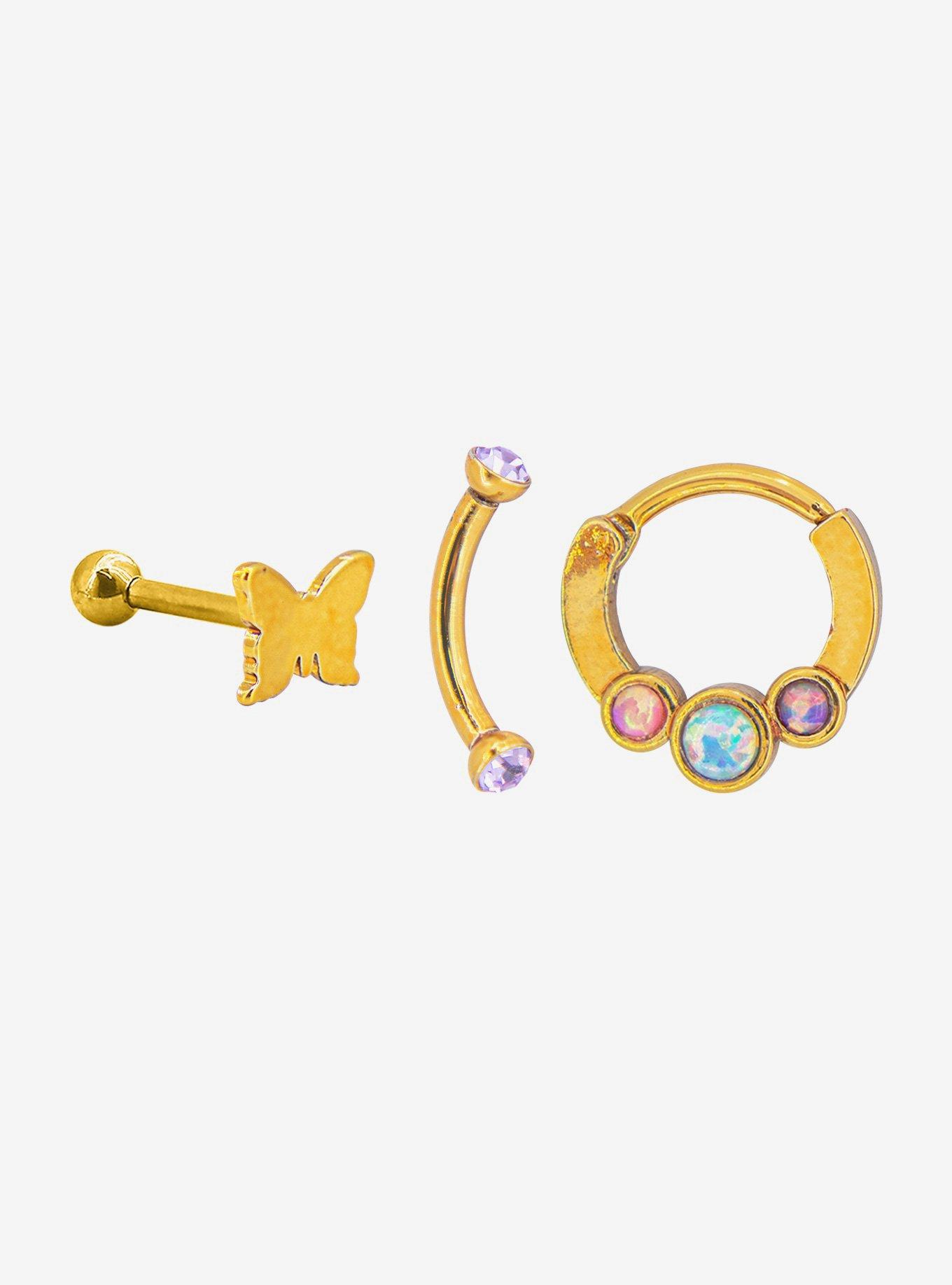 Steel Gold Butterfly Labret Curved Barbell & Hinged Hoop 3 Pack | Hot Topic