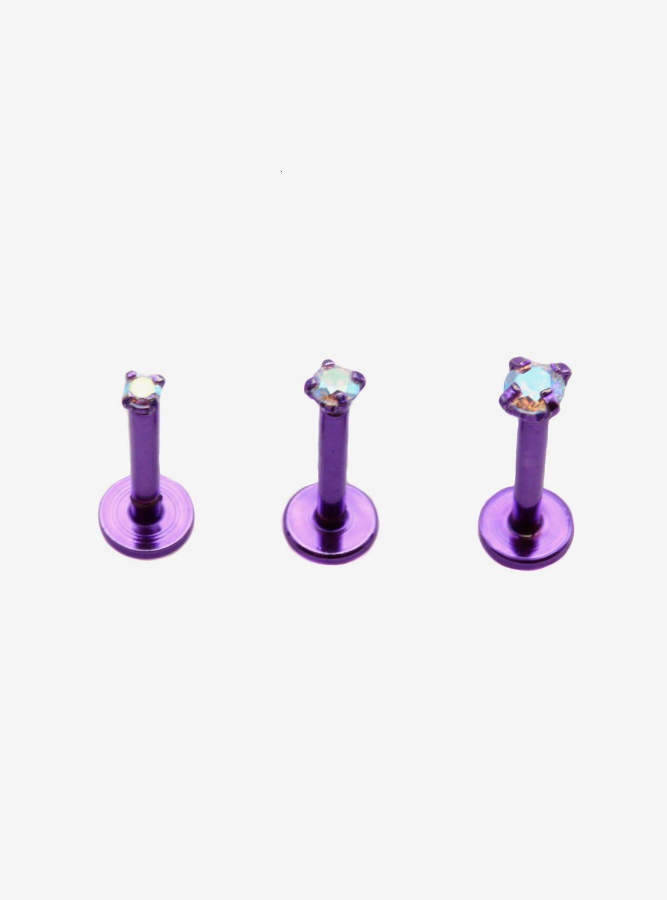 Steel Metallic Purple CZ Labret Stud 3 Pack | Hot Topic