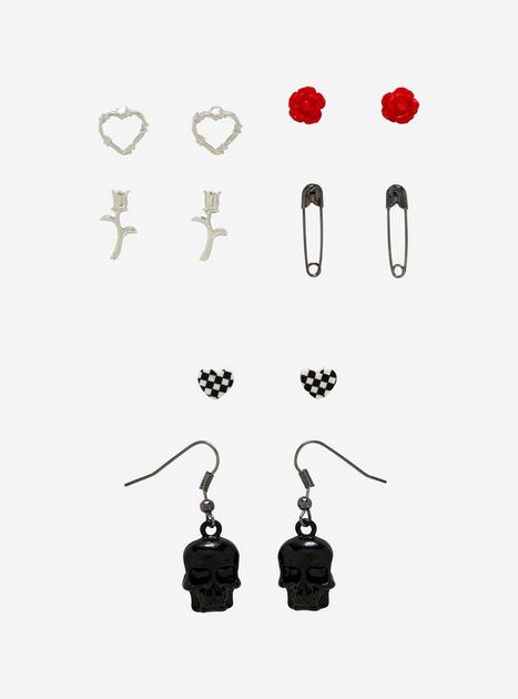 Checkered Rose Skull & Safety Pin Earring Set | Hot Topic