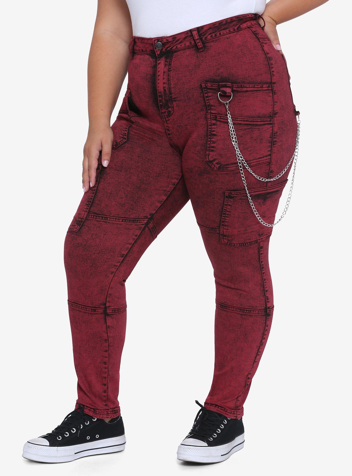 Pockets & Chains Red Washed Skinny Jeans Plus Size | Hot Topic