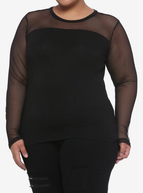 Black Mesh & Panels Long-Sleeve T-Shirt Plus Size | Hot Topic