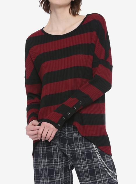 Burgundy & Black Stripe Waffle-Knit Shark Bite Girls Sweater | Hot Topic