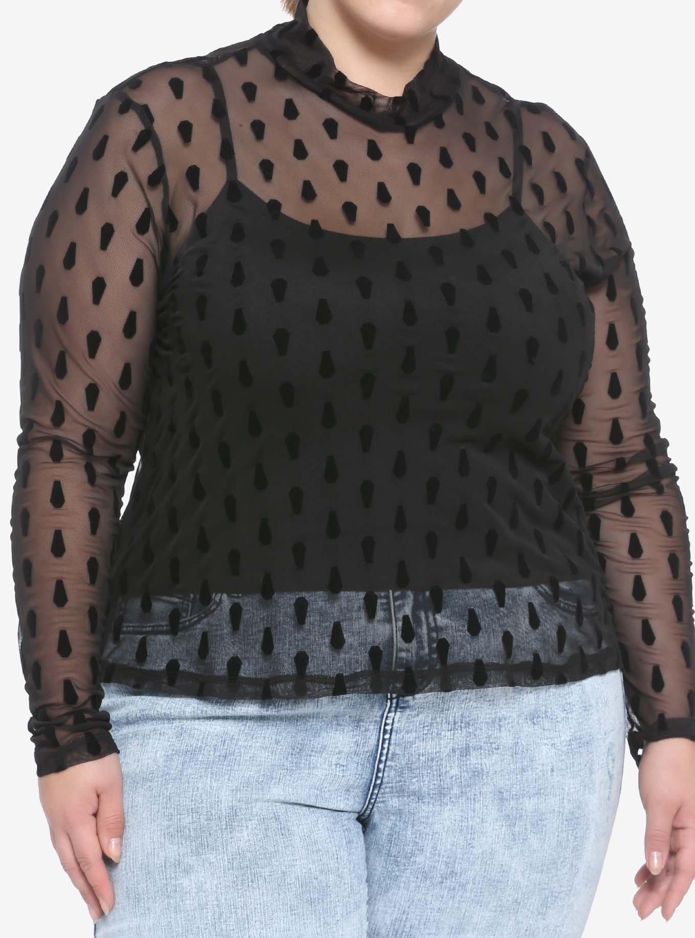 Black Flocked Coffin Sheer Layered Girls Long-Sleeve Top Plus Size ...