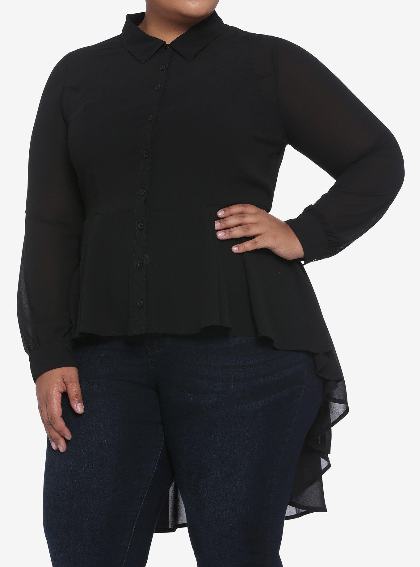 Black Ruffle Hi-Low Girls Long-Sleeve Button-Up Plus Size | Hot Topic
