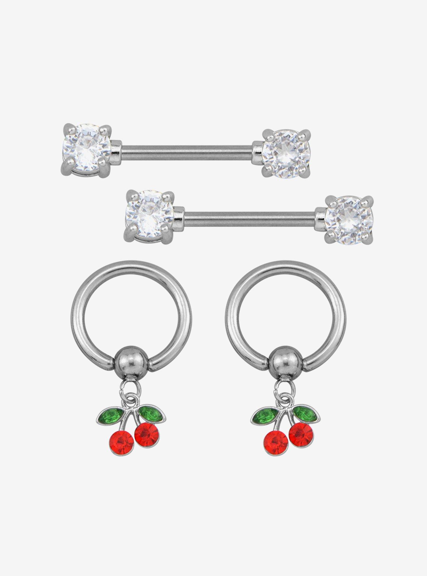 14G Steel Cherry CZ Nipple Barbell & Hoop 4 Pack | Hot Topic