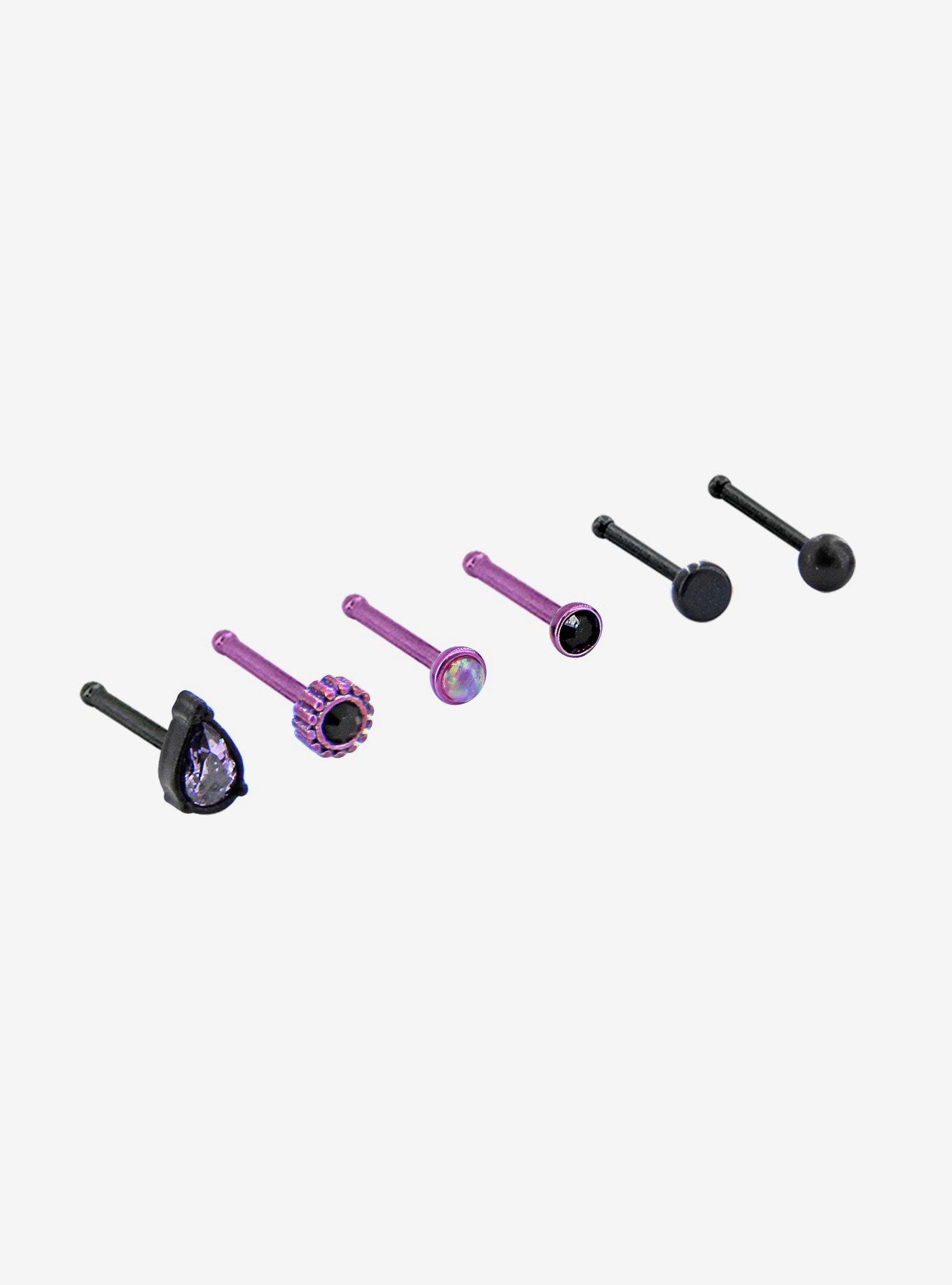 Steel Purple & Black Teardrop Nose Stud 6 Pack | Hot Topic