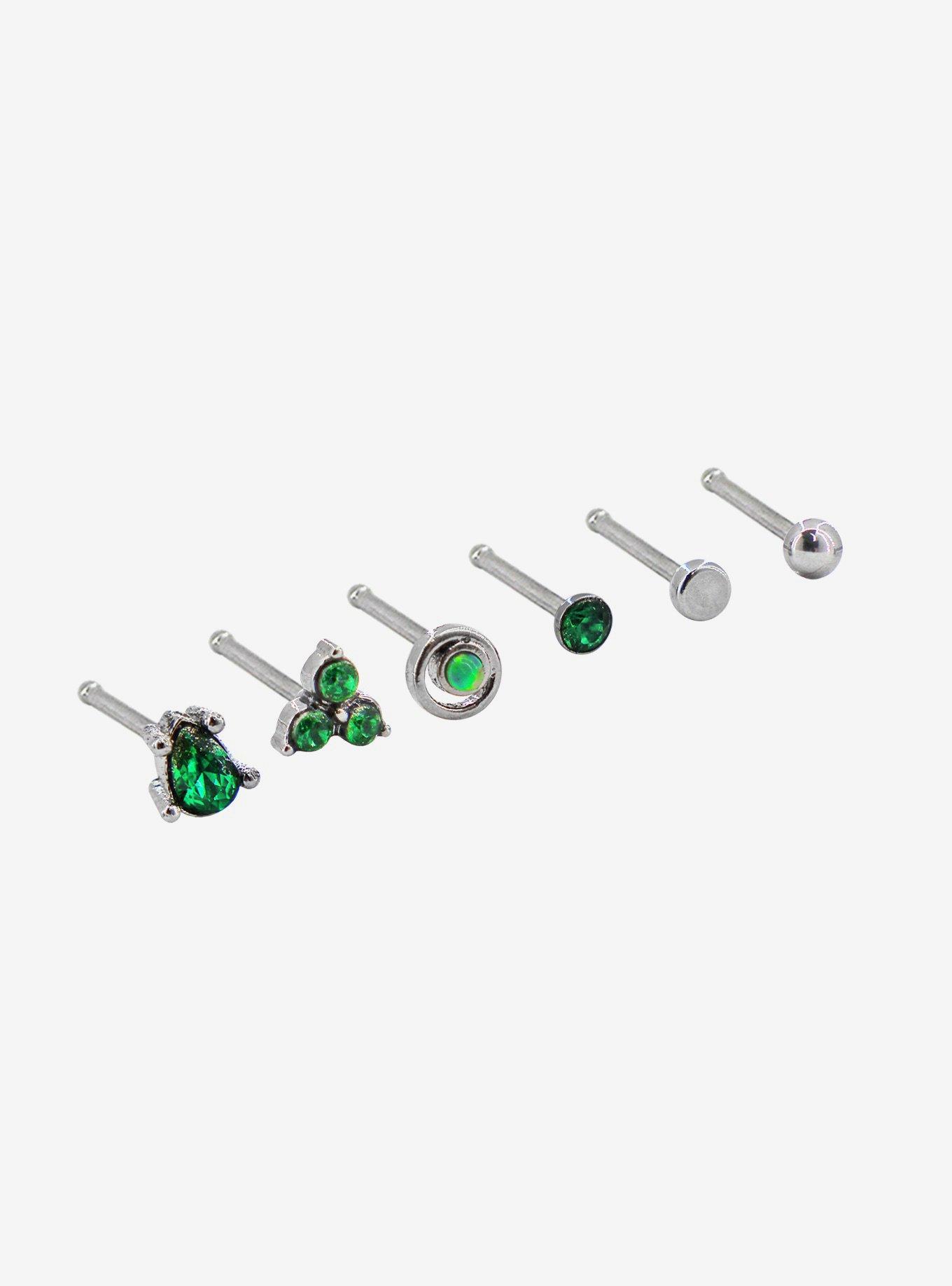 Steel Green Gem Nose Stud 6 Pack | Hot Topic