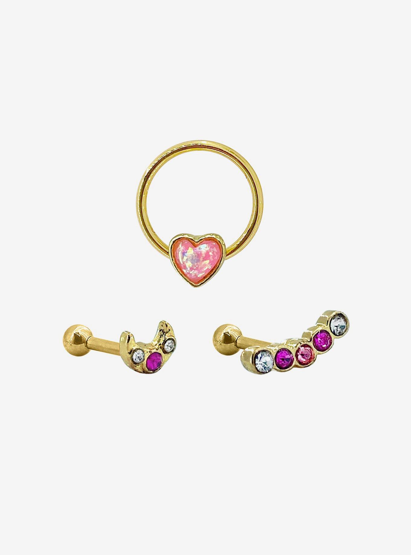 Steel Gold Moon & Heart Labret Stud & Hoop 3 Pack | Hot Topic