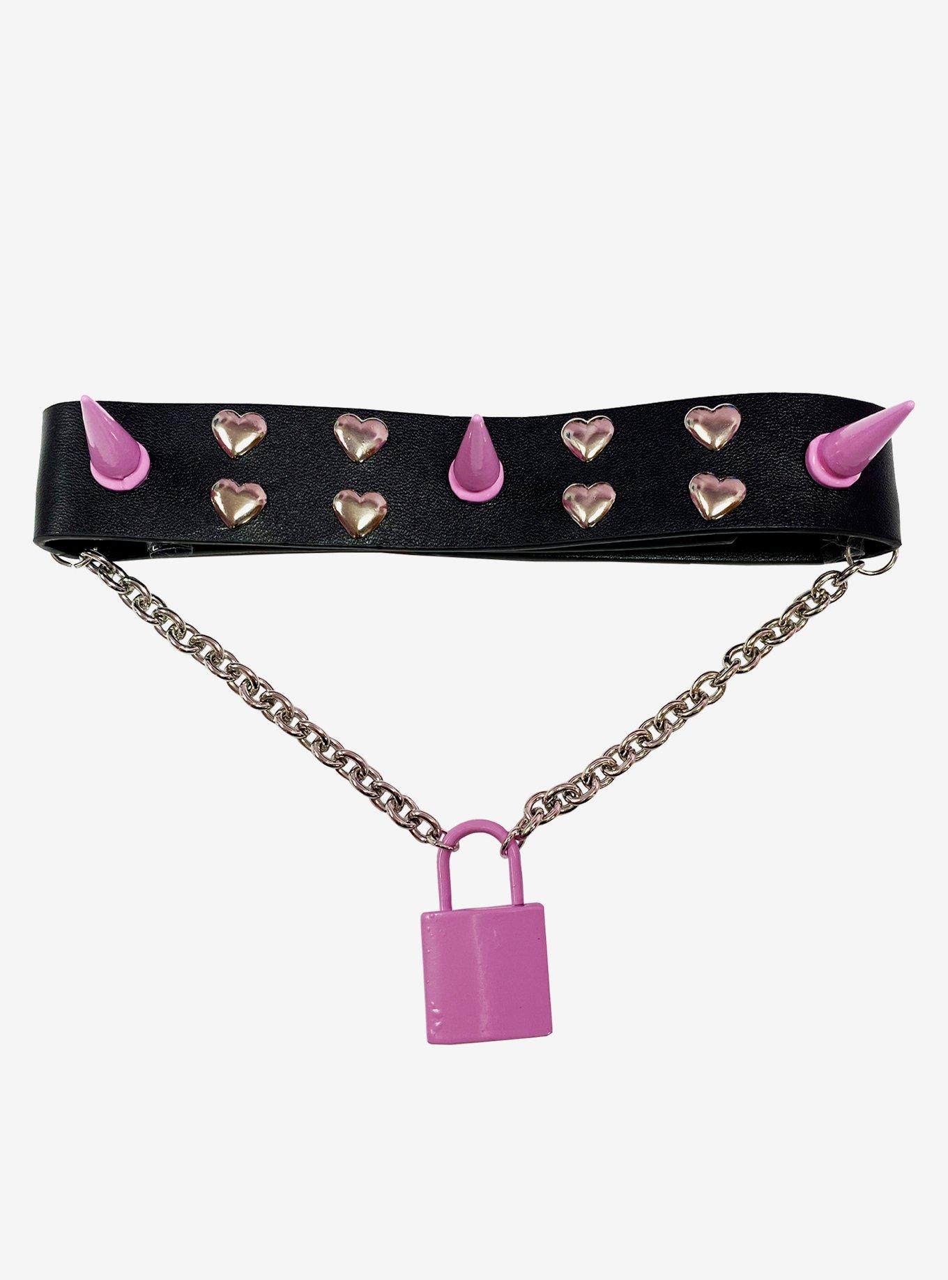 Heart Stud Pink Spike Padlock Faux Leather Choker | Hot Topic