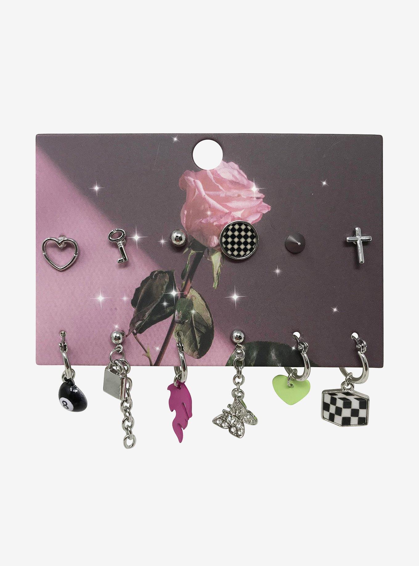 Flame Checkered 8-Ball Mismatch Earring Set | Hot Topic