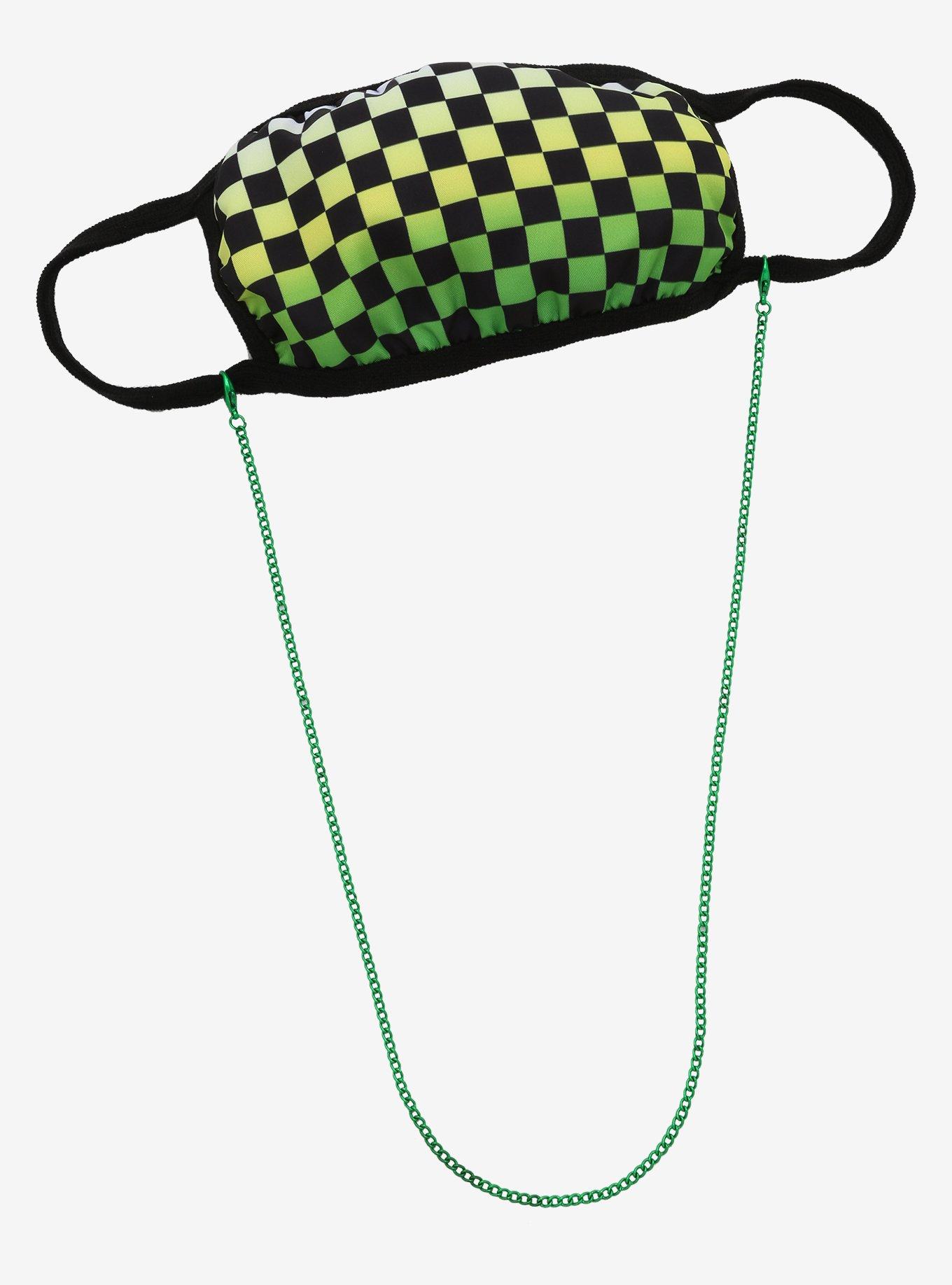 Green Checkered Fashion Face Mask With Chain | Hot Topic