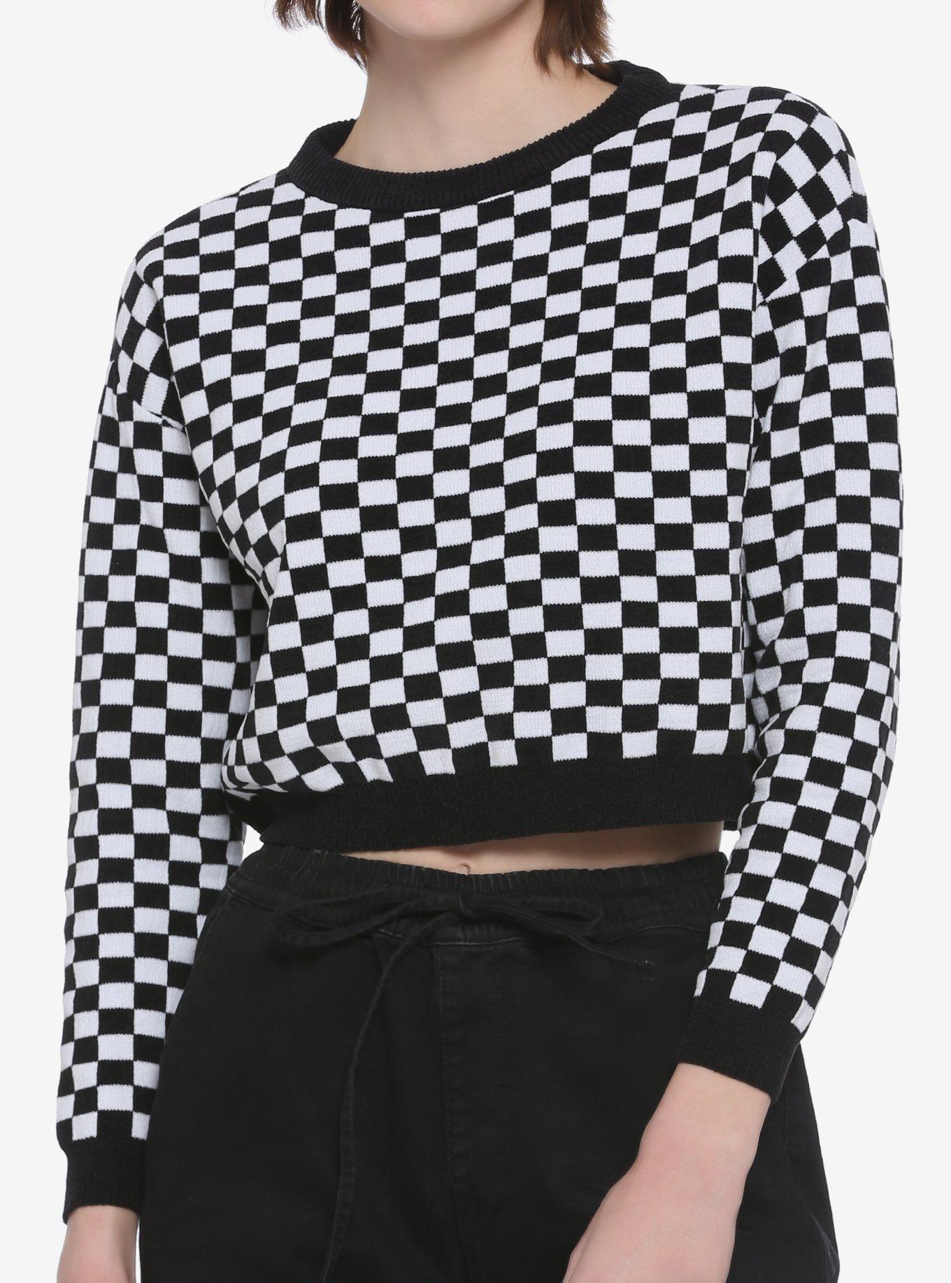 Black & White Checkered Girls Crop Sweater | Hot Topic