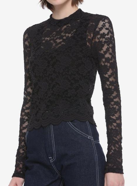 Black Floral Lace Sheer Girls Long-Sleeve Top | Hot Topic