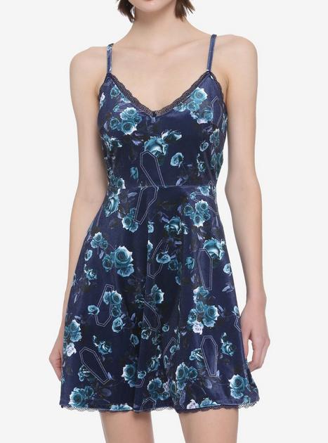 Blue Roses & Coffins Velvet Skater Slip Dress | Hot Topic