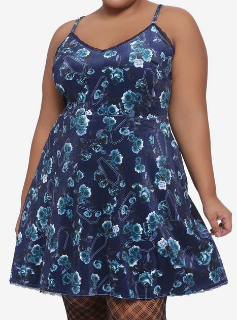 Blue Roses & Coffins Velvet Skater Slip Dress Plus Size | Hot Topic