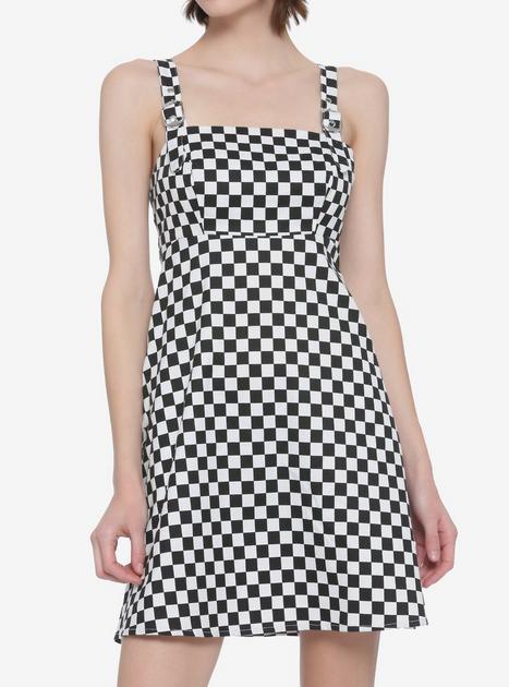 Black & White Checkered Buckle Strap Pinafore Dress | Hot Topic