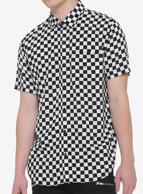 Black & White Checkered Woven Button-Up | Hot Topic