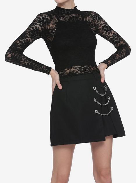Black Floral Lace Mock Neck Girls Long-Sleeve Top | Hot Topic