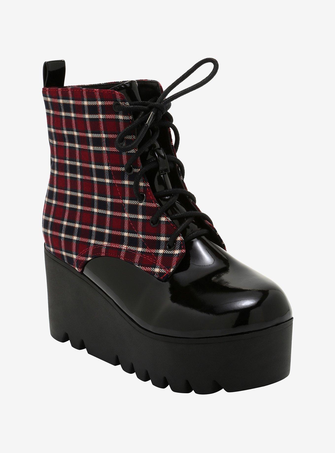 Burgundy Plaid Platform Booties | Hot Topic