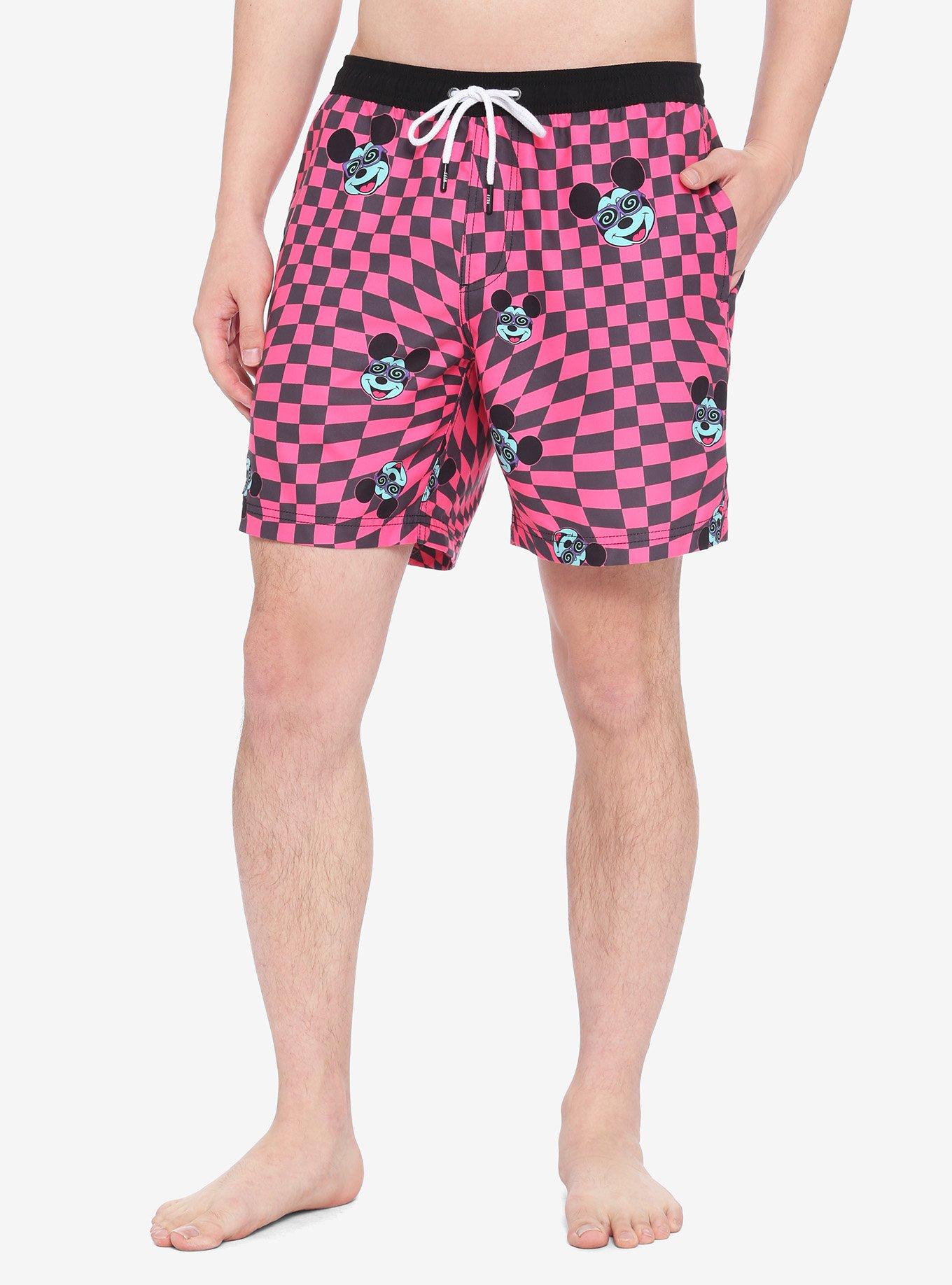 Neff X Disney Mickey Mouse Pink & Black Warped Checkered Swim Trunks ...