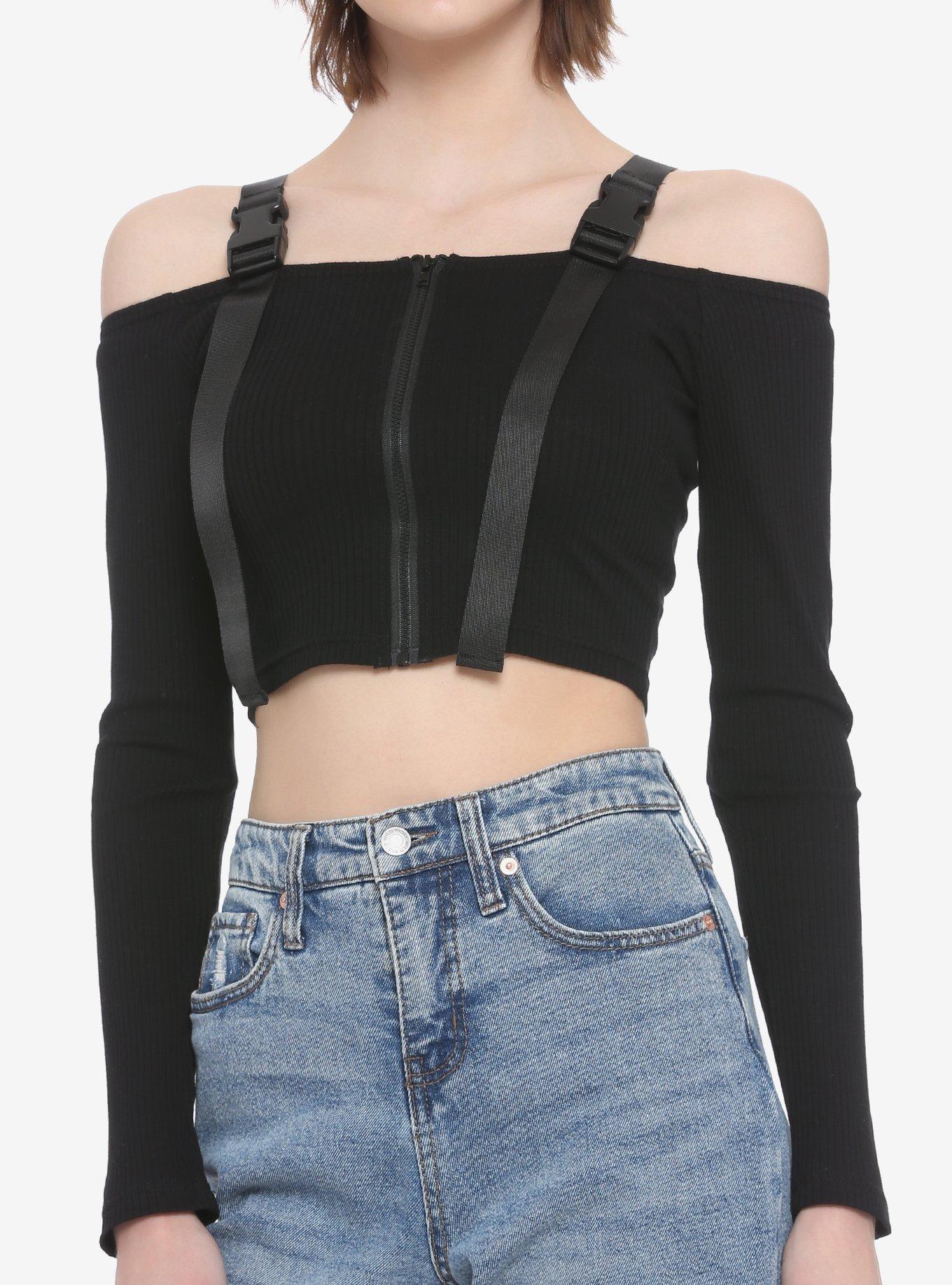 Buckle Strap Cold Shoulder Girls Crop Long-Sleeve Top | Hot Topic