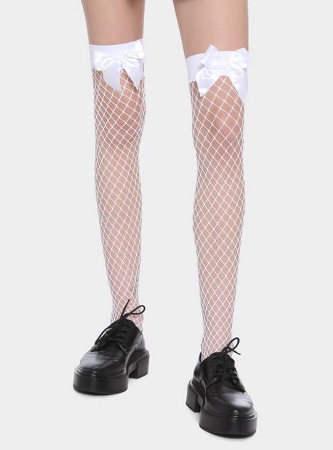 White Fishnet With Bow Thigh Highs | Hot Topic