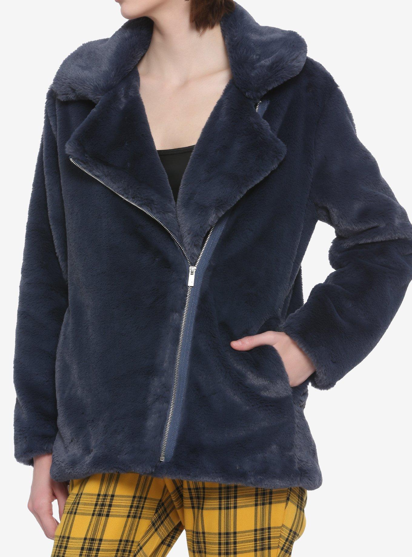 Slate Faux Fur Zipper Girls Jacket | Hot Topic