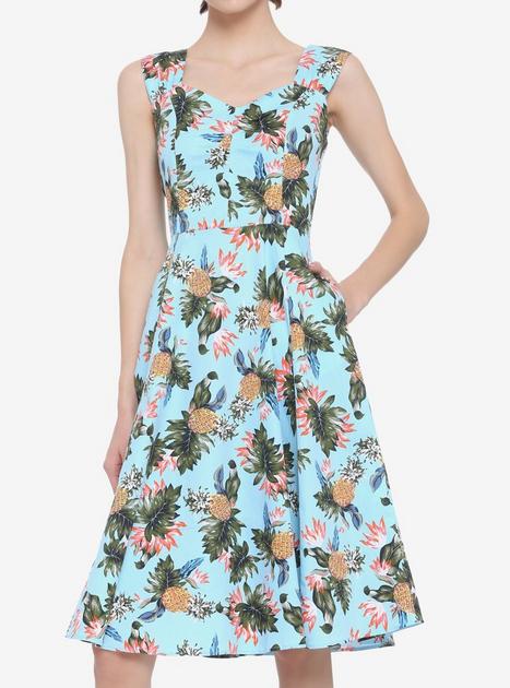 Pineapples & Leaves Blue Retro Dress | Hot Topic