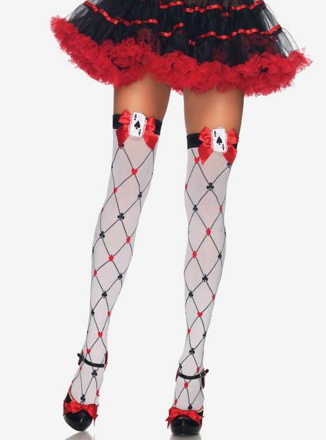 Woven Diamond Thigh Highs With Bow and Charm White/Red/Black | Hot Topic