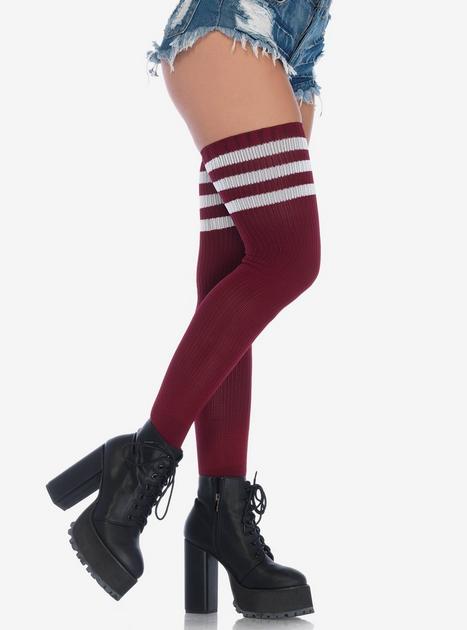 Athletic 3 Stripe Thigh Highs Burgundy | Hot Topic