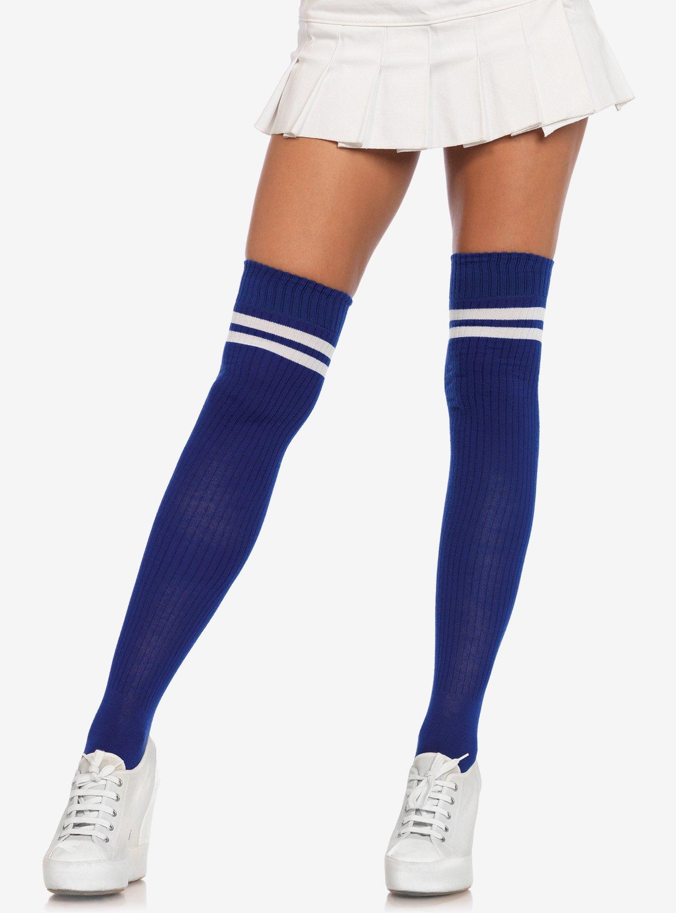 Blue & White Stripe Ribbed Athletic Thigh High Socks | Hot Topic
