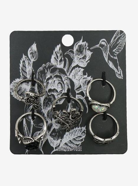 Black Rose & Leaves Ring Set | Hot Topic