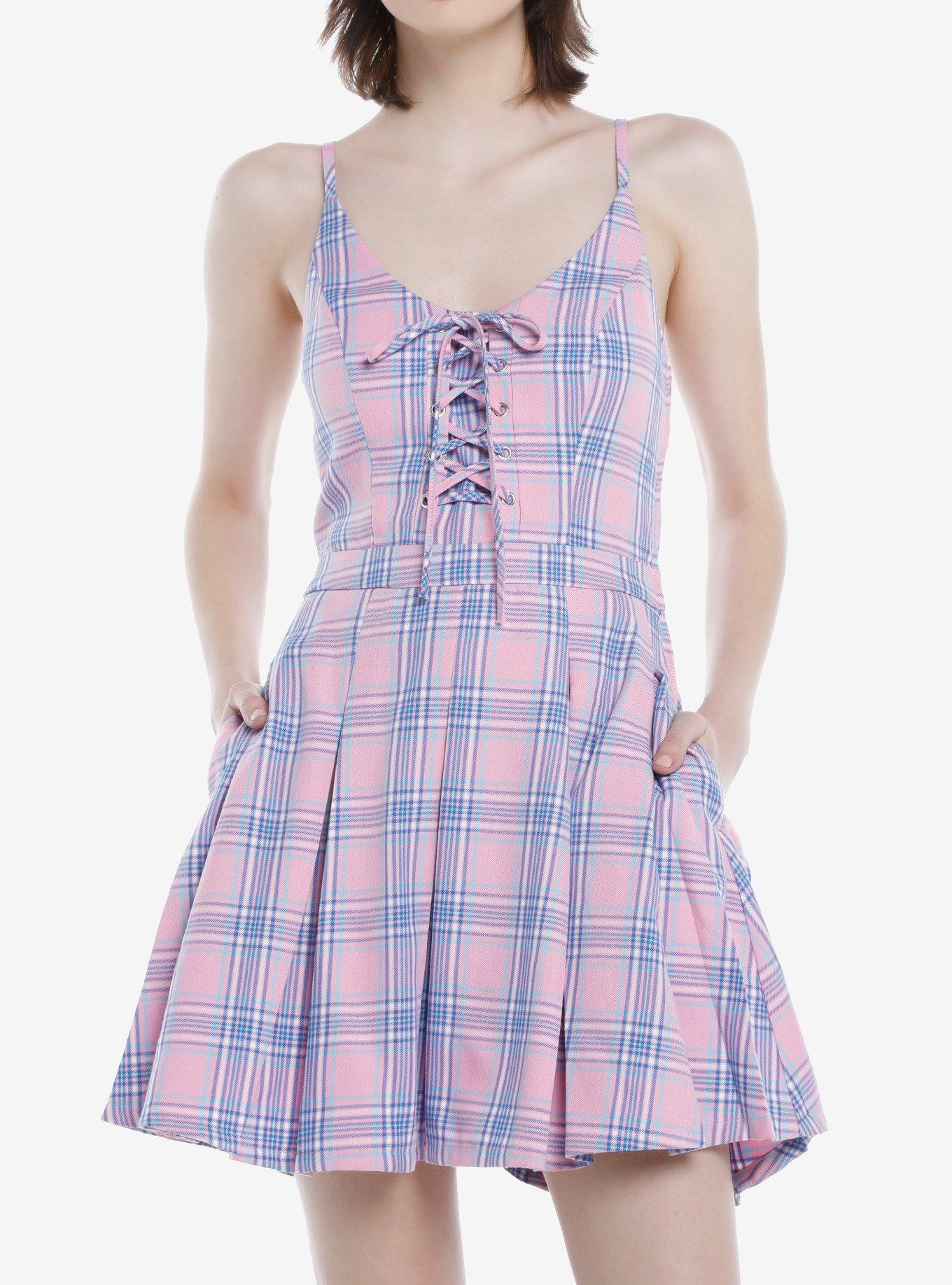 Pink And Purple Plaid Lace Up Dress Hot Topic