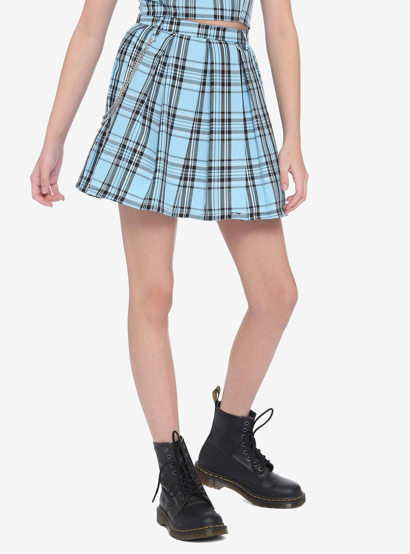 Light Blue Plaid Pleated Chain Skirt | Hot Topic