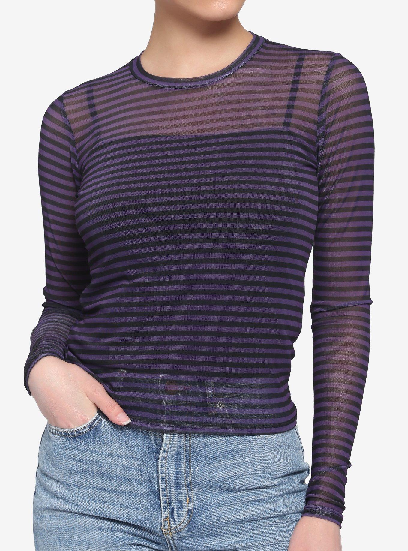 Purple & Black Stripe Mesh Girls Long-Sleeve Top