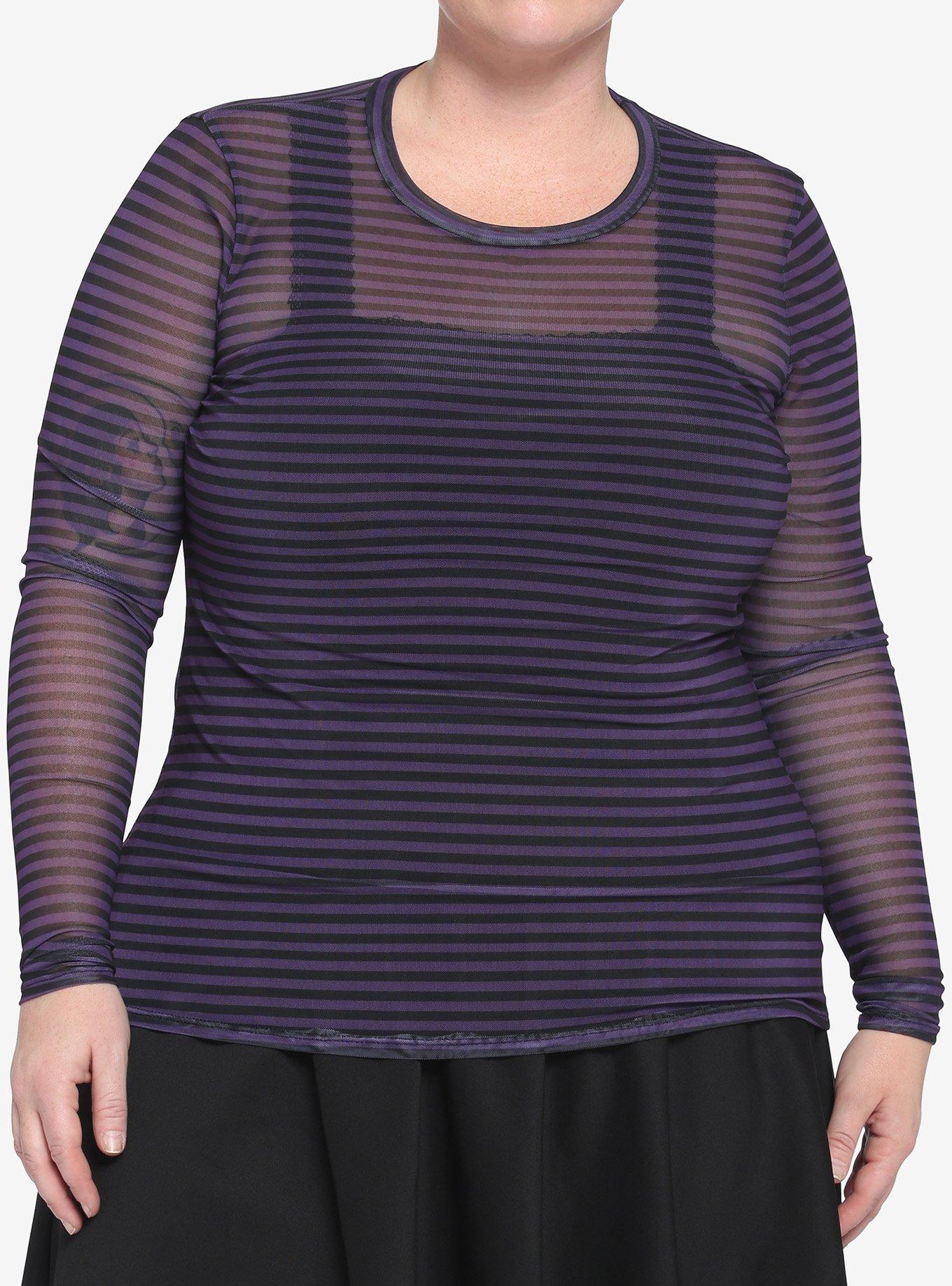 Purple & Black Stripe Mesh Girls Long-Sleeve Top Plus Size | Hot Topic