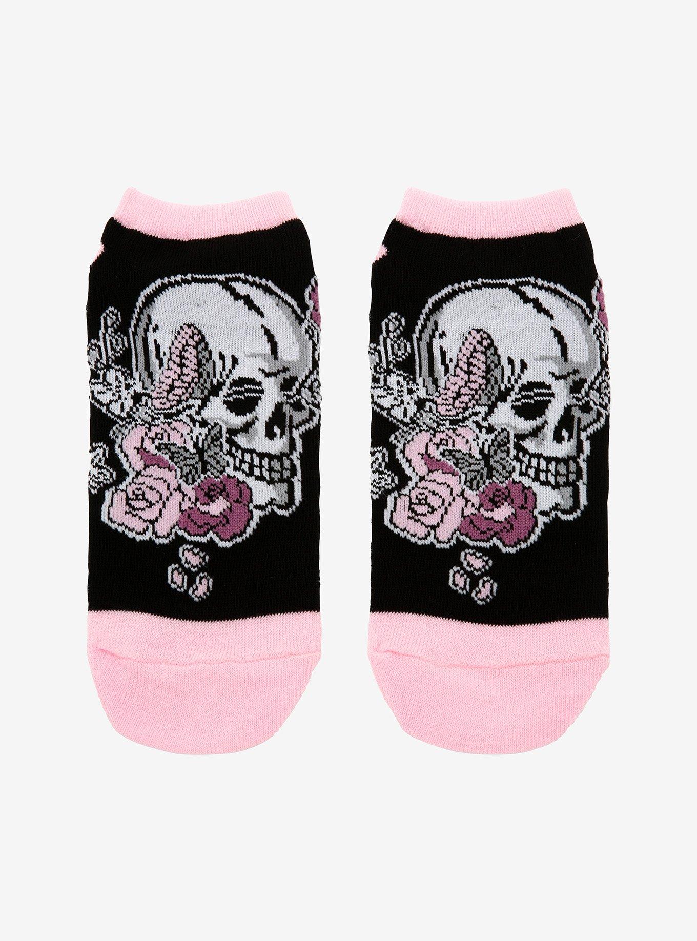 Pink Floral Skull No-Show Socks | Hot Topic