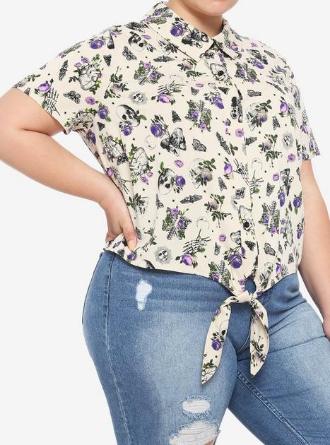 Bones & Flowers Tie-Front Girls Woven Button-Up Plus Size | Hot Topic