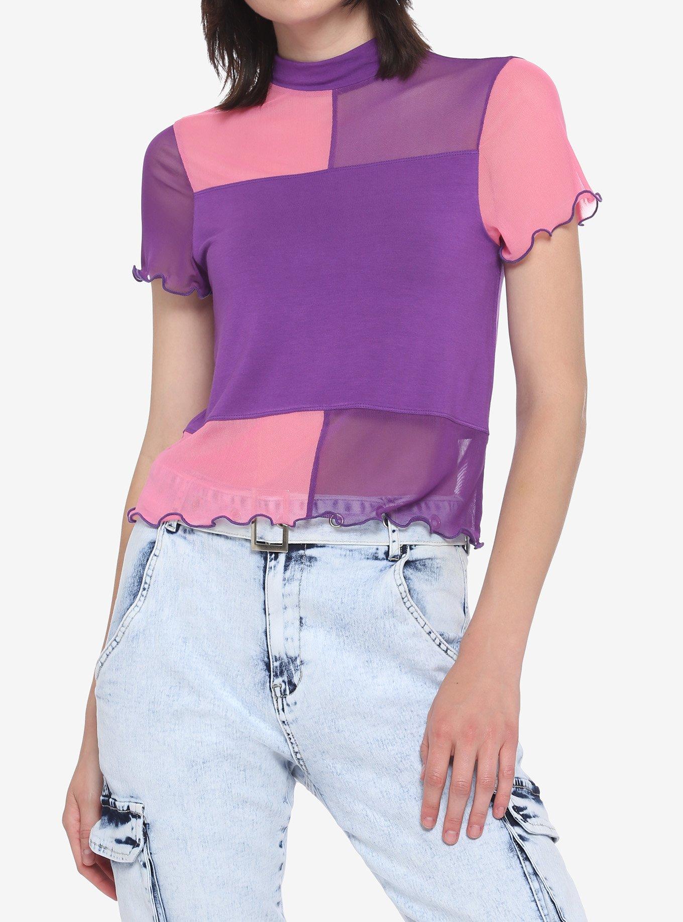 Pink & Purple Color-Block Mesh Mock Neck Girls Top | Hot Topic