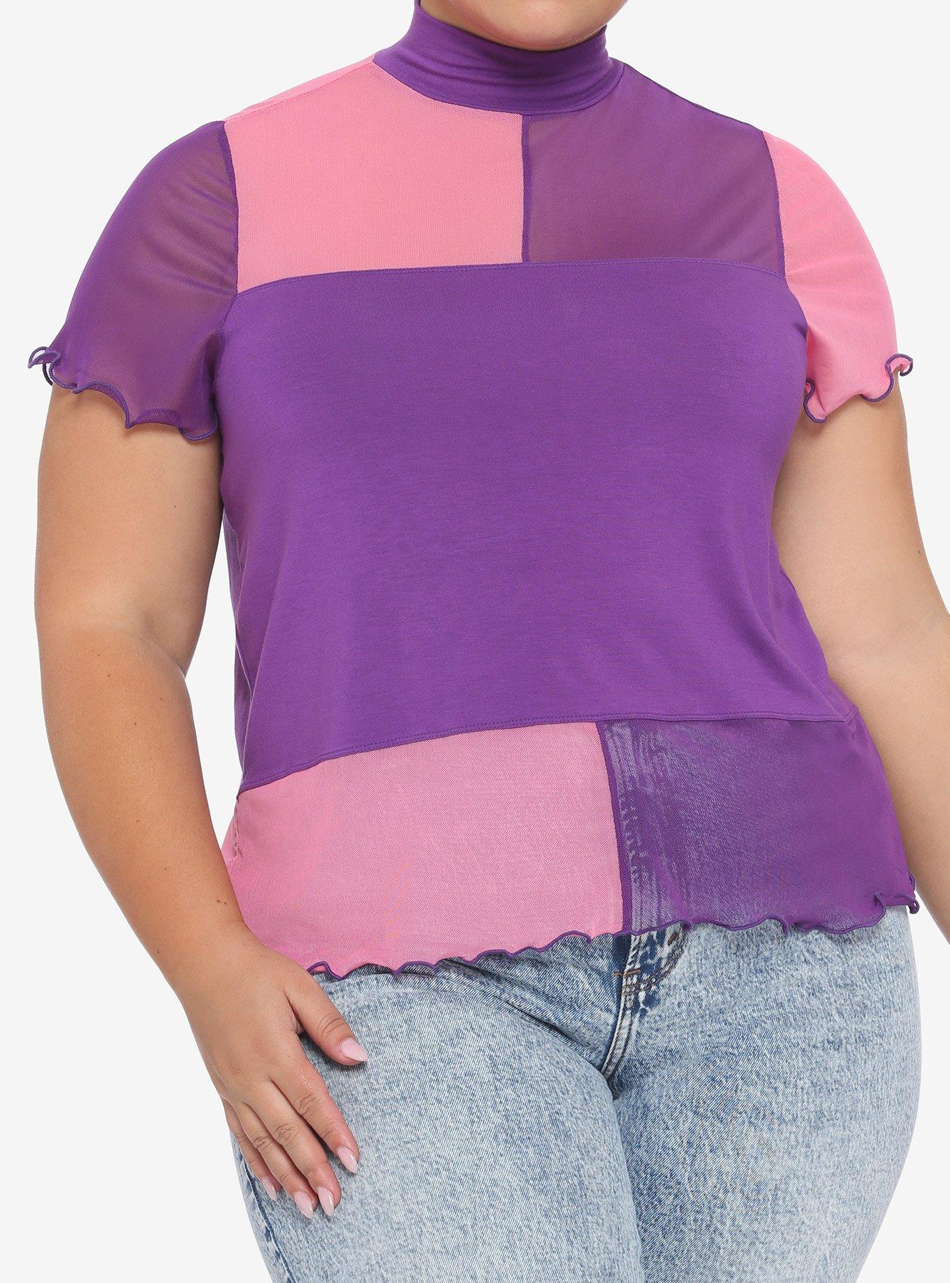 Pink & Purple Color-Block Mesh Mock Neck Girls Top Plus Size | Hot Topic