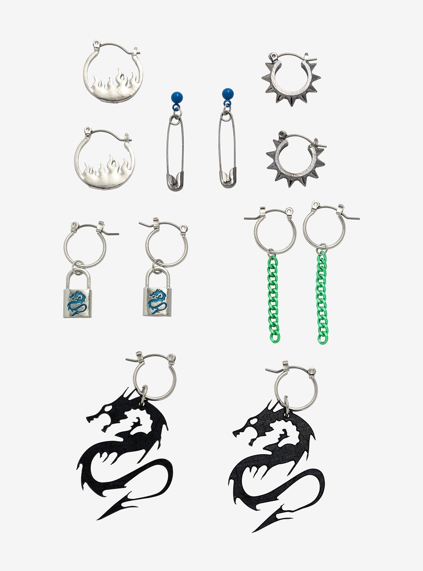 Dragon Flame Safety Pin Spike Padlock Earring Set | Hot Topic