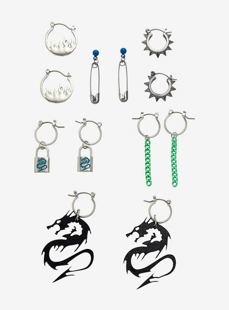 Dragon Flame Safety Pin Spike Padlock Earring Set | Hot Topic