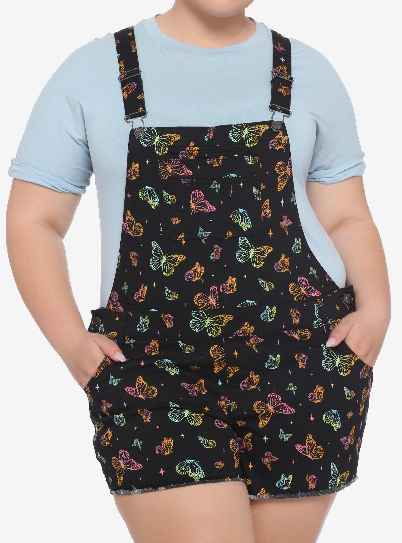 Black Rainbow Butterfly Print Shortalls Plus Size | Hot Topic