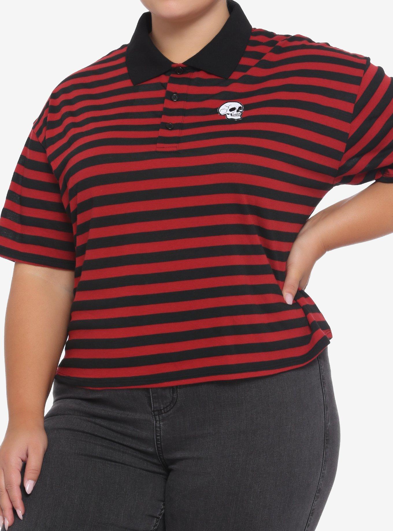 Skull Black & Red Stripe Oversized Girls Crop Polo Shirt Plus Size ...