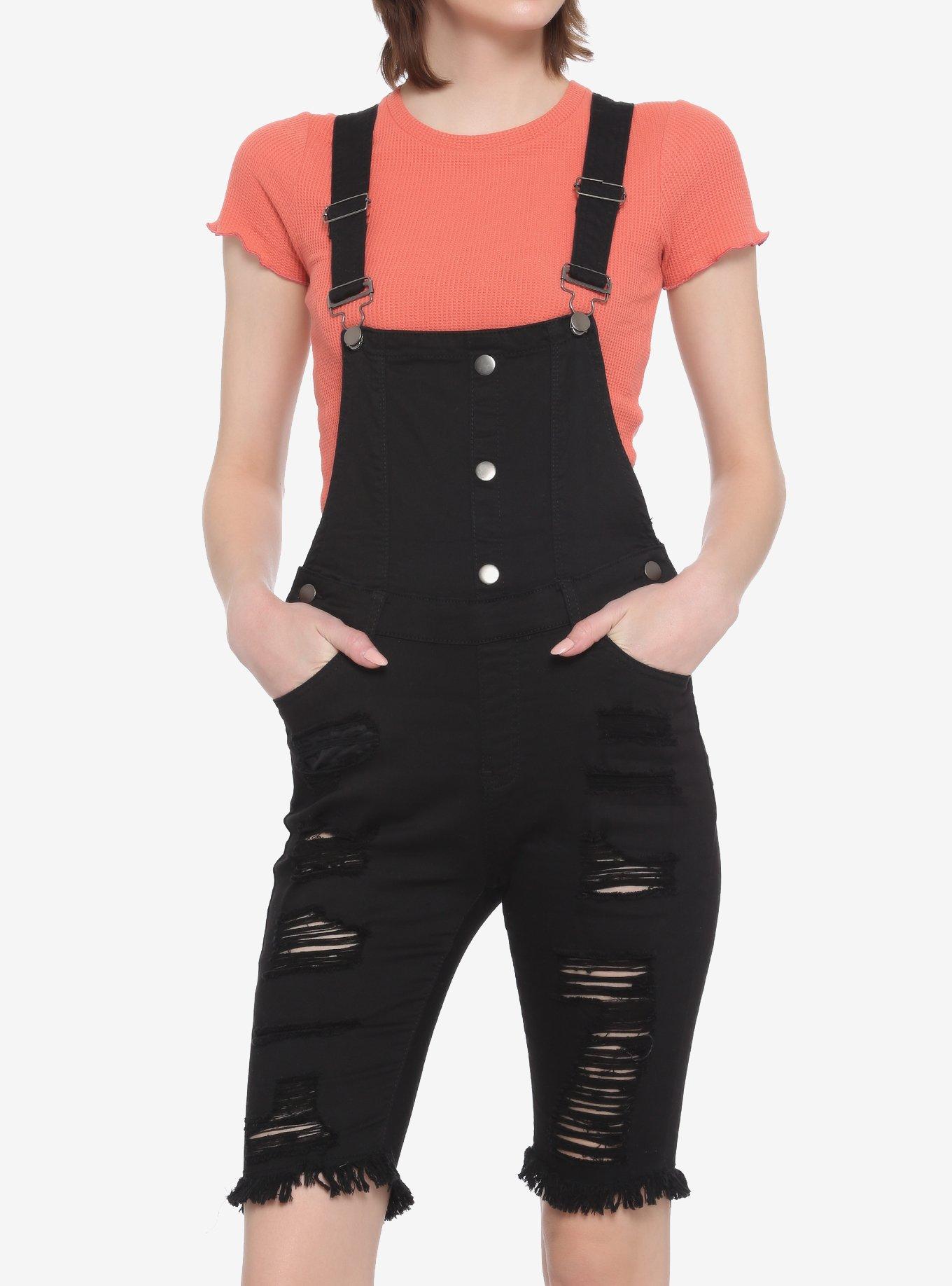 Destructed Front Black Denim Shortalls | Hot Topic